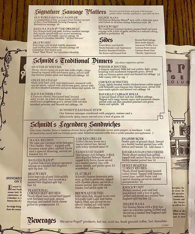 This menu reads like a love letter to German cuisine, with enough sausage varieties to make your carnivorous heart sing with joy.