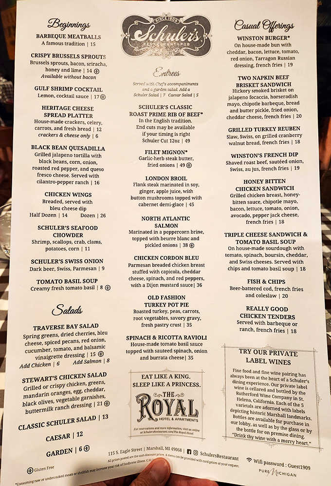 The menu reads like a love letter to classic American cuisine, with each dish promising the kind of satisfaction that makes you lean back and sigh contentedly.
