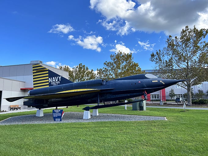 The sleek Navy Blue Angels jet stands guard outside, a silent sentinel of supersonic glory. Even parked, it looks like it's breaking the sound barrier.