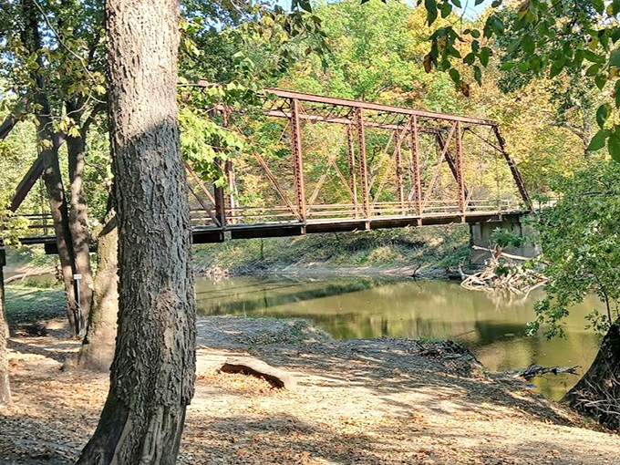 This rustic iron bridge spans the gentle Embarras River, its weathered frame holding secrets from another era.