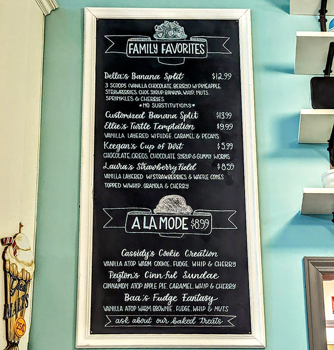 The menu board reveals family favorites with names that sound like your relatives, because ice cream should feel personal.