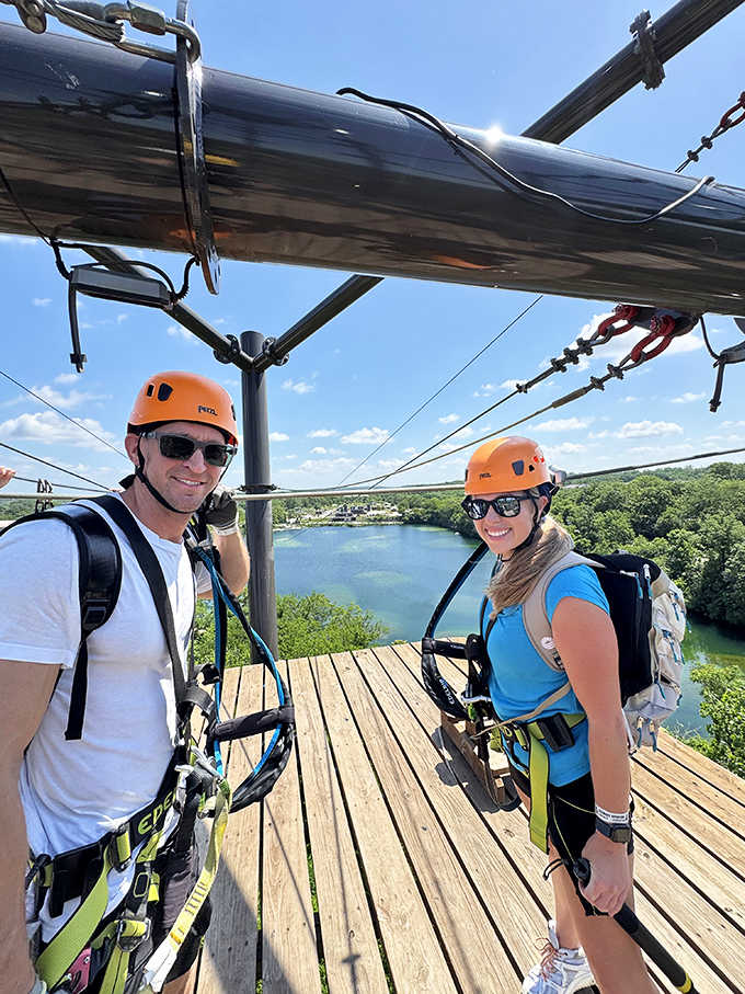 Orange helmets and nervous smiles – the universal uniform of people about to discover how brave they really are.