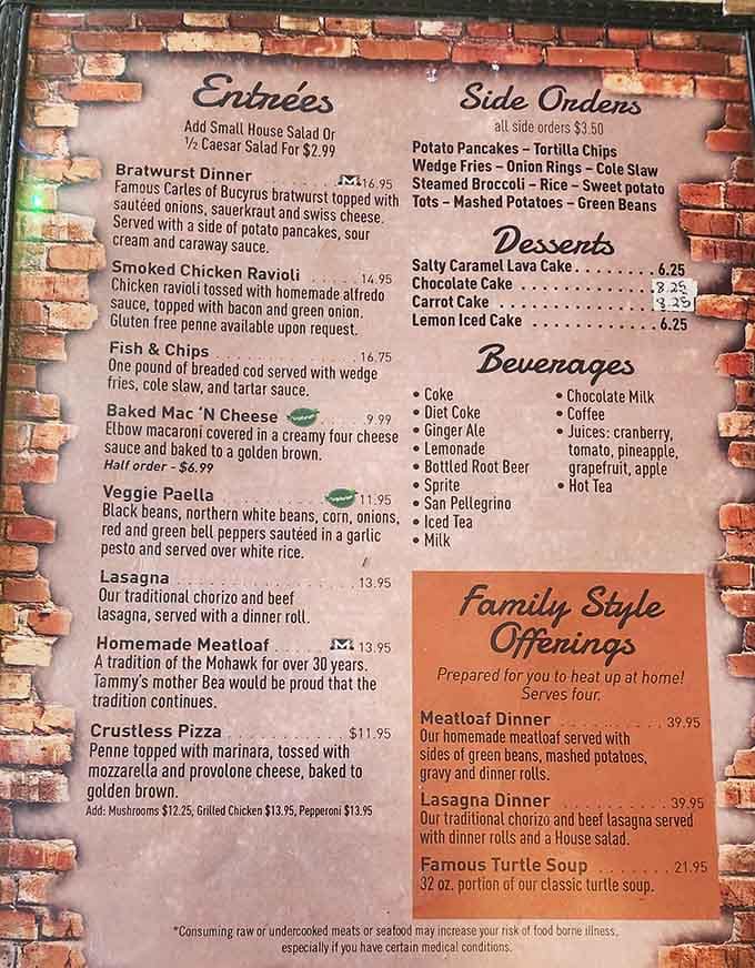 The menu board reveals comfort classics and that famous turtle soup that's been drawing crowds for nearly a century.