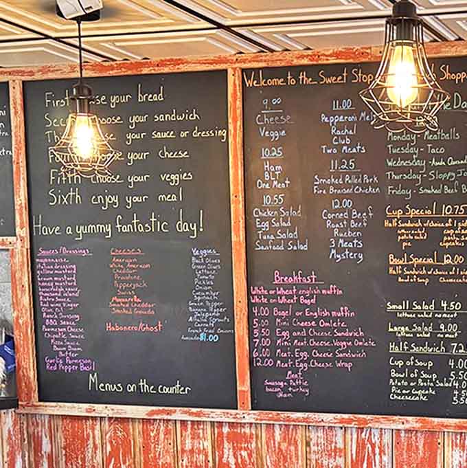The chalkboard menu reads like a choose-your-own-adventure for sandwich lovers, with step-by-step instructions leading to delicious outcomes.