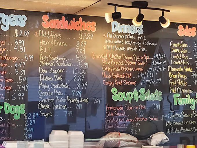 Culinary temptations scrawled in colorful chalk &ndash; from loaded burgers to Philly cheesesteaks &ndash; a chalkboard symphony of comfort food classics at small-town prices.