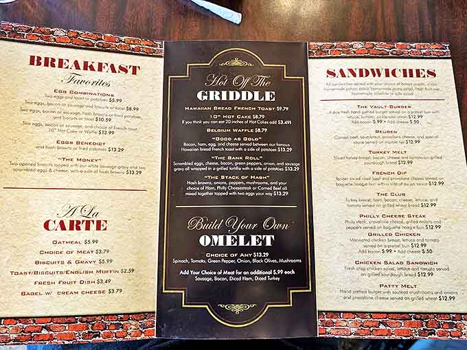 The menu offers investment opportunities in delicious returns, from griddle favorites to build-your-own omelets that diversify your breakfast portfolio beautifully.