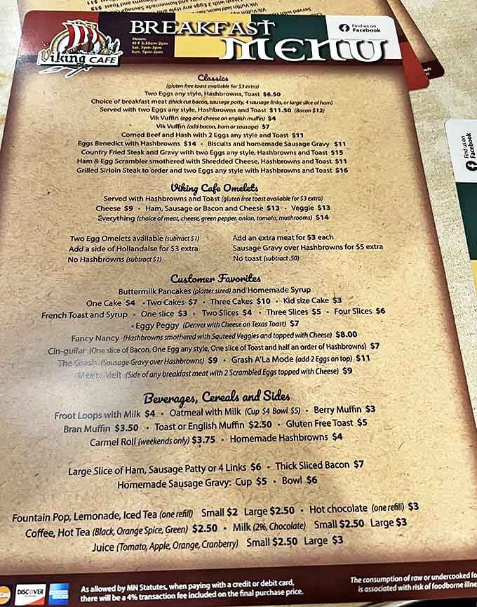 The breakfast menu showcases classics perfected over generations, from fluffy omelets to customer favorites like the mysteriously named "Fancy Nancy."