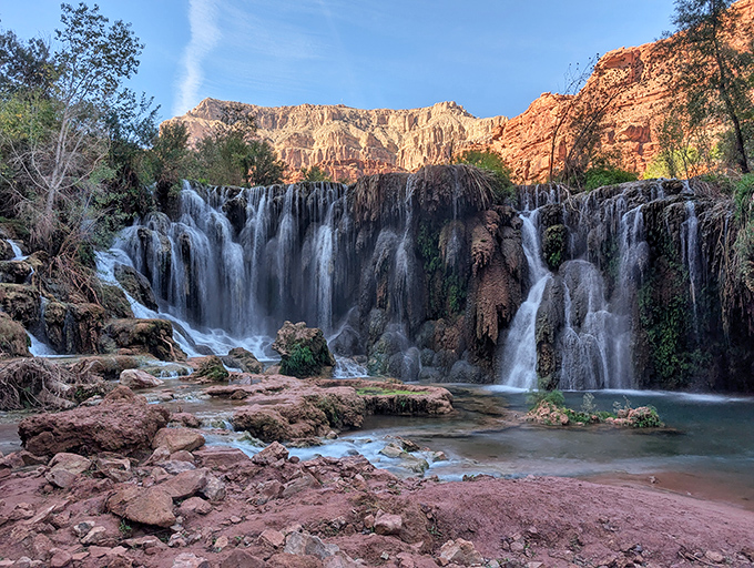 Stairway to heaven: Multiple tiers create a natural water feature that would make even the most luxurious resort jealous.