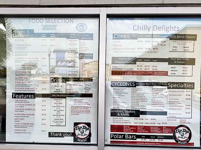 The menu board showcases a tempting array of comfort classics – no fancy descriptions needed when the food speaks for itself.