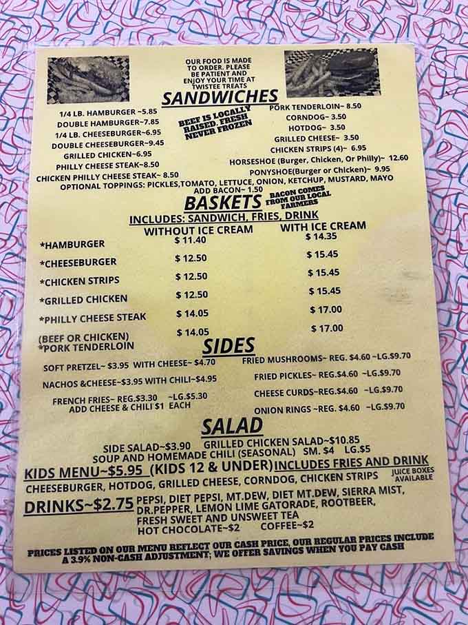 This menu proves that sometimes the best decisions in life involve choosing between strawberry, butter pecan, and everything else that sounds amazing.