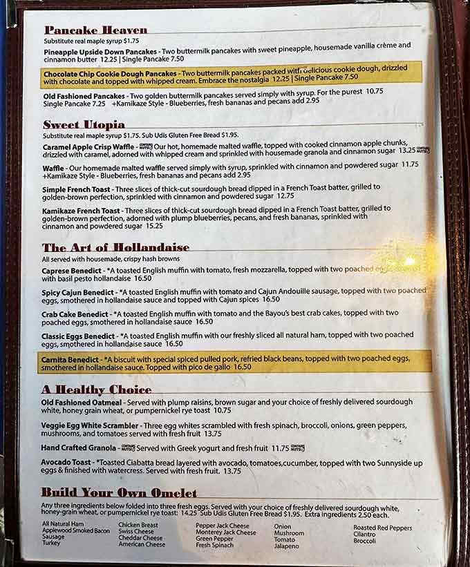 The menu reads like a love letter to breakfast enthusiasts, with "Pancake Heaven" and "The Art of Hollandaise" sections tempting even the most disciplined diners.