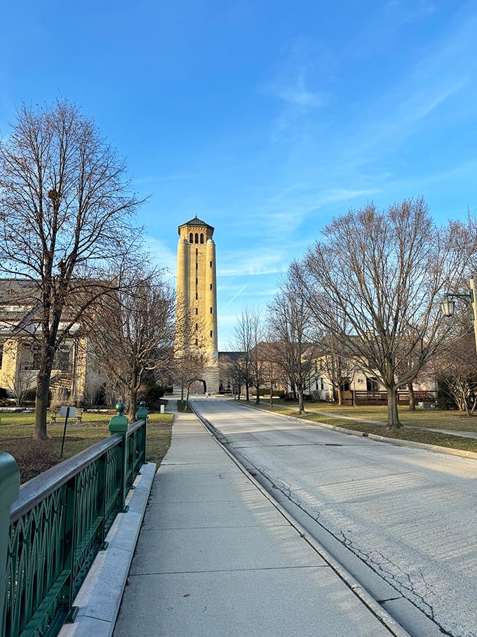 The iconic water tower rises majestically above the landscape, a 167-foot limestone exclamation point visible for miles around.