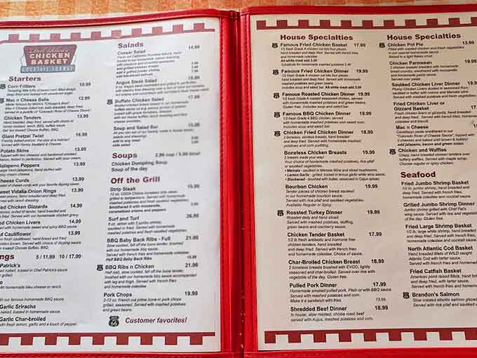 The menu reads like a love letter to American comfort classics, with the famous fried chicken taking center stage.