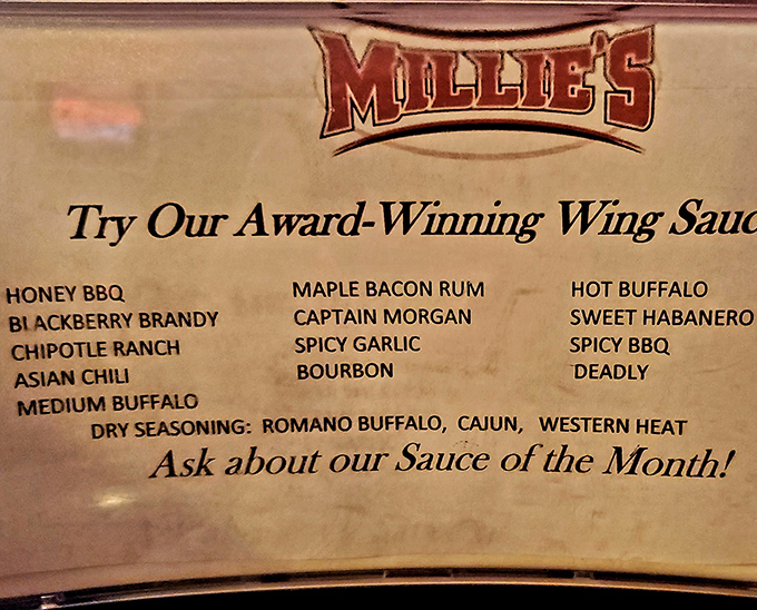 The legendary sauce menu at Millie's &ndash; a treasure map for flavor adventurers seeking their next taste thrill.
