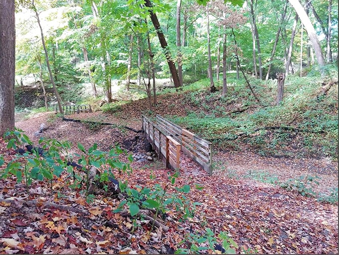 Autumn leaves create a golden carpet around this rustic bridge, one of many charming crossings that punctuate the 3.3-mile trail.