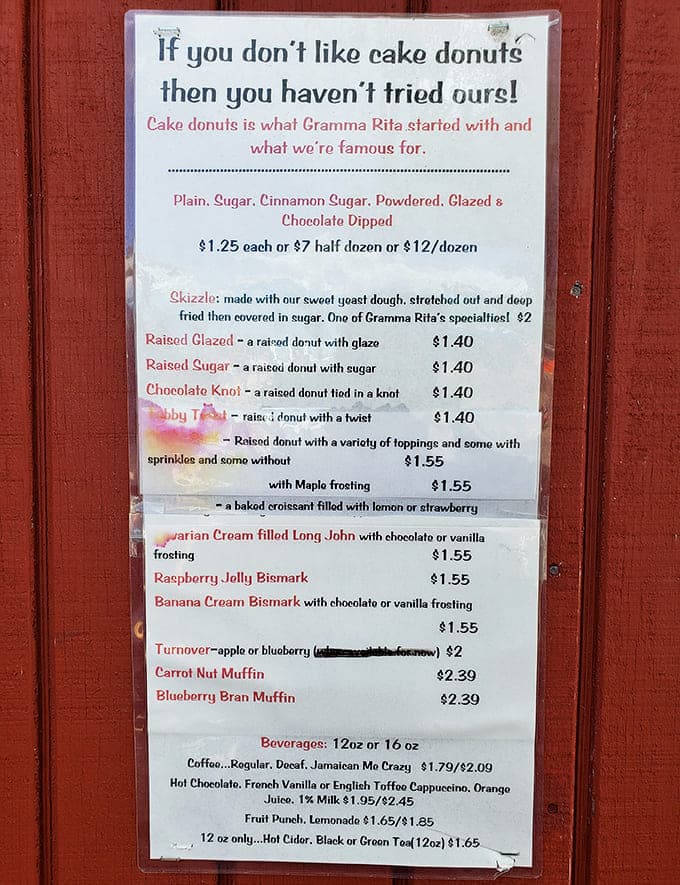 This menu reads like a love letter to carbohydrates, offering everything from classic cake donuts to creative filled varieties.