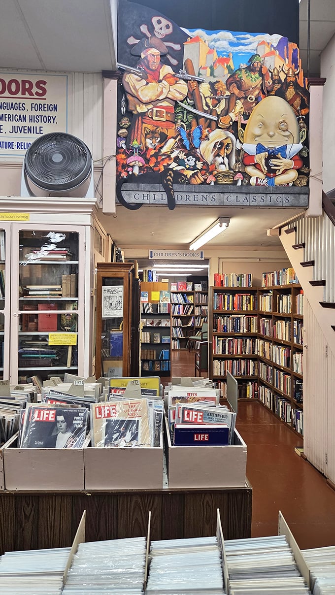 Whimsical artwork marks the children's section, where classic tales and colorful illustrations spark young imaginations without a screen in sight.