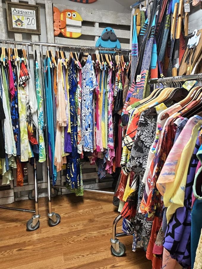 The clothing section bursts with color and personality &ndash; each garment waiting for its second act in someone's wardrobe story.