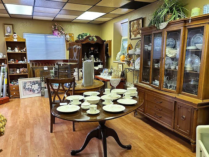 Elegant dinnerware awaits new dinner parties and family gatherings, each piece carrying the patina of celebrations past into futures yet unwritten.