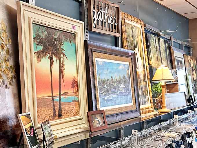 Wall art ranging from serene beach scenes to cozy cabins awaits its perfect spot above someone's sofa or fireplace.