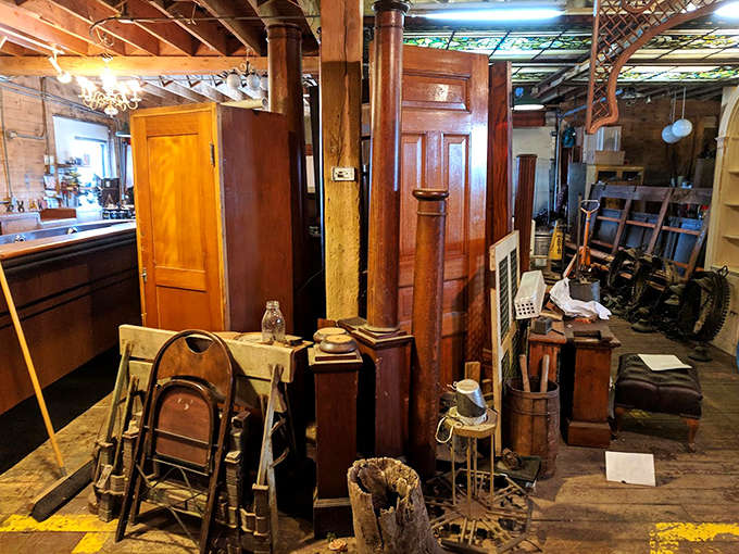 Architectural salvage creates unintentional art installations throughout the space &ndash; doorframes standing sentinel without walls, waiting for their next chapter.
