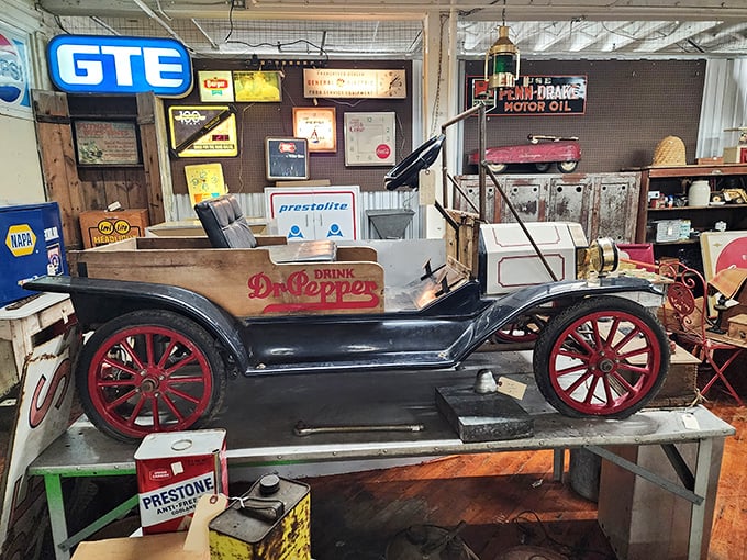This vintage kiddie ride isn't just a Dr. Pepper delivery vehicle &ndash; it's a chariot to childhood memories, one penny at a time.