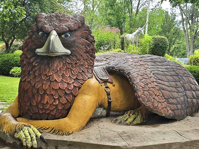 This magnificent griffin sculpture isn't just art &ndash; it's a climbable masterpiece where kids can nestle between mythical wings.