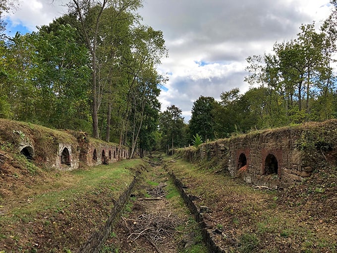 Time's patient victory: The abandoned coke ovens create an eerie corridor where history and wilderness negotiate their boundaries.