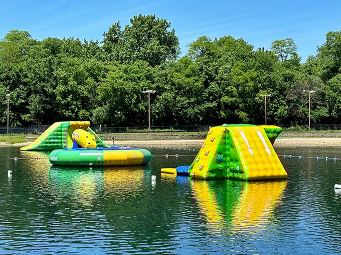 Yellow and green inflatables bob invitingly on the water &ndash; part obstacle course, part childhood dream come true.