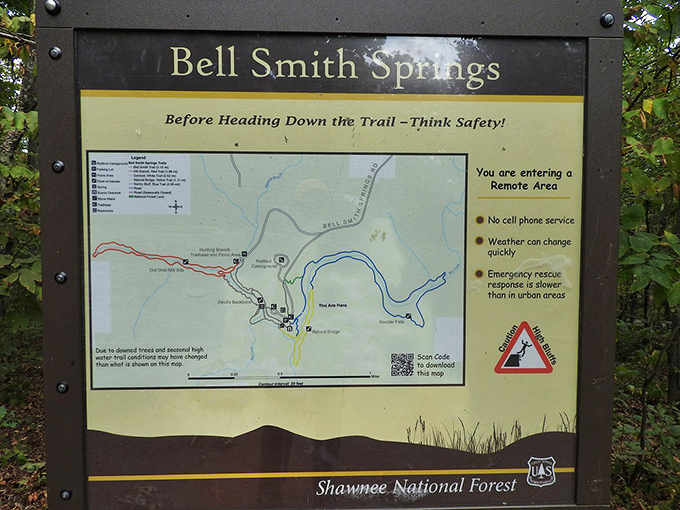 The informational sign serves as your last connection to civilization before entering a wilderness where cell service goes to die.