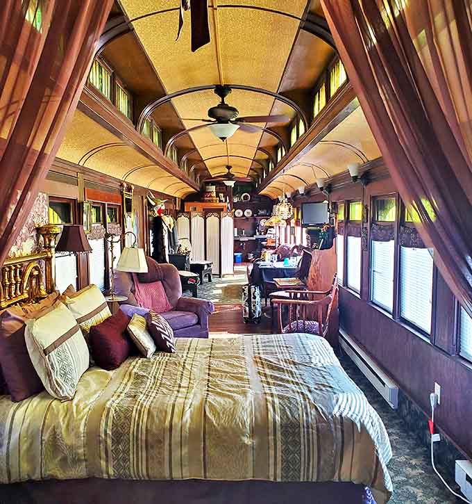 Step inside to discover a masterclass in space utilization &ndash; Victorian elegance meets railroad ingenuity in this lovingly preserved passenger car interior.