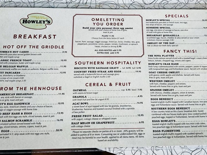 Howley's breakfast menu offers everything from fluffy pancakes to build-your-own omelets, available all day for your morning food cravings.