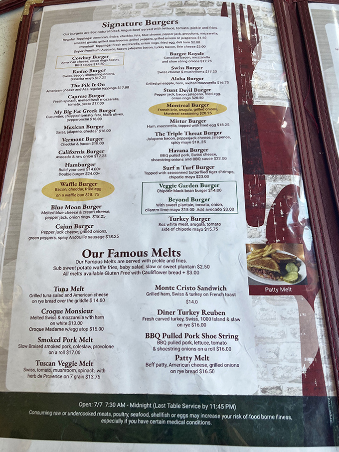 The menu reads like a love letter to American comfort food, with signature burgers and melts that'll make your taste buds do a happy dance.