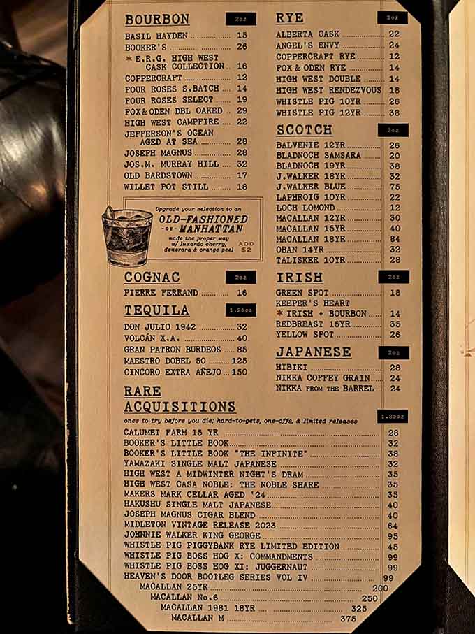 The spirits menu reads like a whiskey lover's bucket list &ndash; from accessible favorites to rare treasures that might require a small mortgage to sample.
