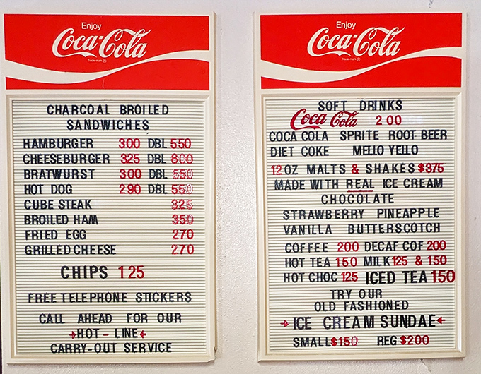 No digital boards here! This vintage menu board tells you everything you need to know about Mickey-Lu's timeless offerings.