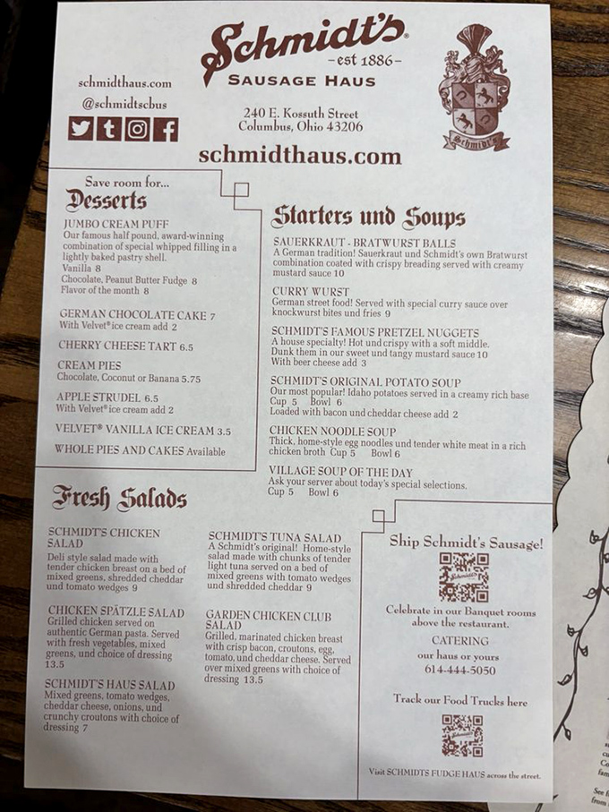 The menu at Schmidt's reads like a love letter to Bavarian cuisine, featuring everything from sausage platters to jumbo cream puffs.