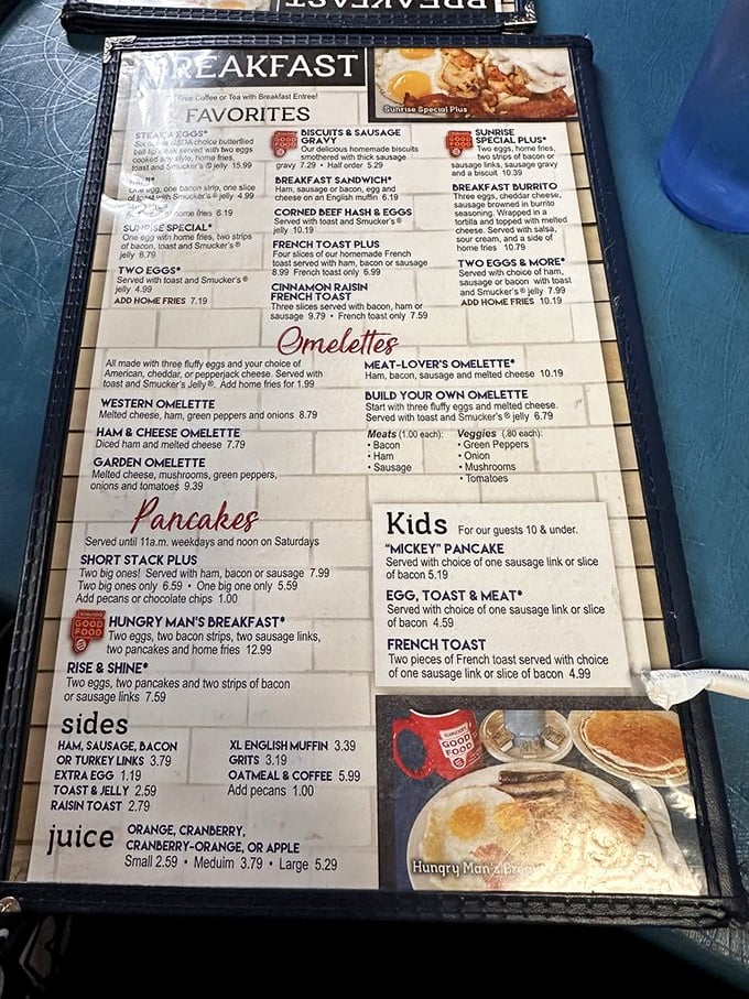 Menu: A laminated treasure map of comfort classics where every item promises a journey back to when food was honest and portions were generous.