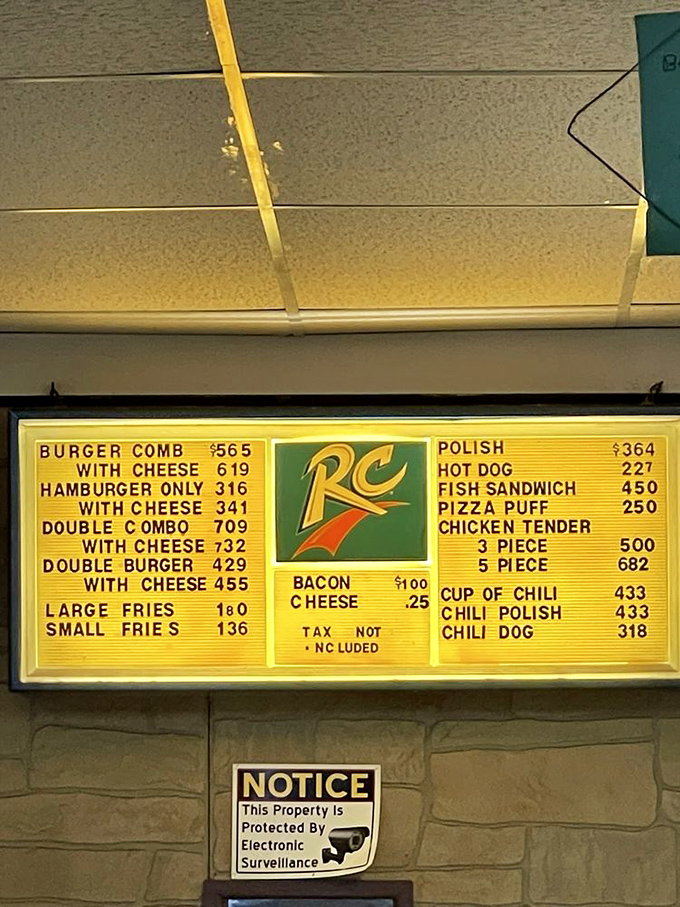 The menu board speaks volumes with its straightforward offerings and RC Cola logo&mdash;a delicious time capsule of American food culture.