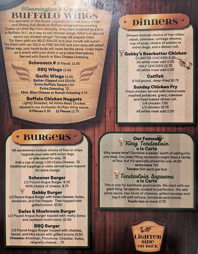 Bloomington's best-kept secret revealed: The menu showcases their legendary buffalo wings and the famous tenderloin that's practically a local celebrity.