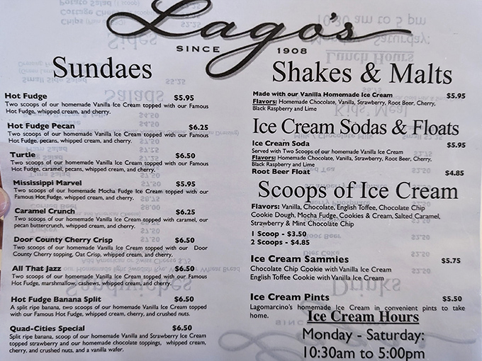 The menu reads like poetry for dessert lovers &ndash; sundaes with names like "Mississippi Marvel" and "Door County Cherry Crisp" aren't just treats, they're edible landmarks.