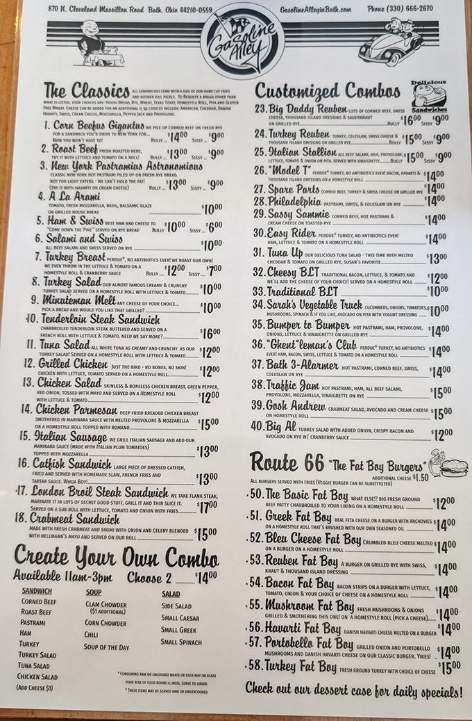 The extensive menu at Gasoline Alley reads like a love letter to American comfort food, with creative sandwiches and burgers that satisfy both traditionalists and adventurous eaters.