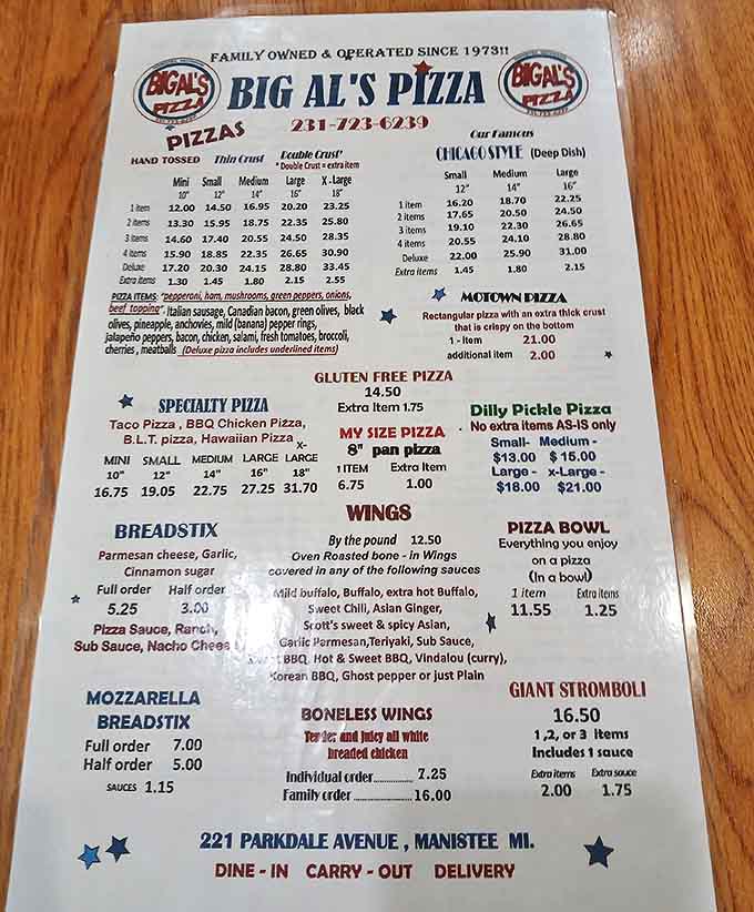 Menu: A treasure map of deliciousness! Big Al's menu showcases their legendary hand-tossed, Chicago-style, and specialty pizzas alongside tempting sides.