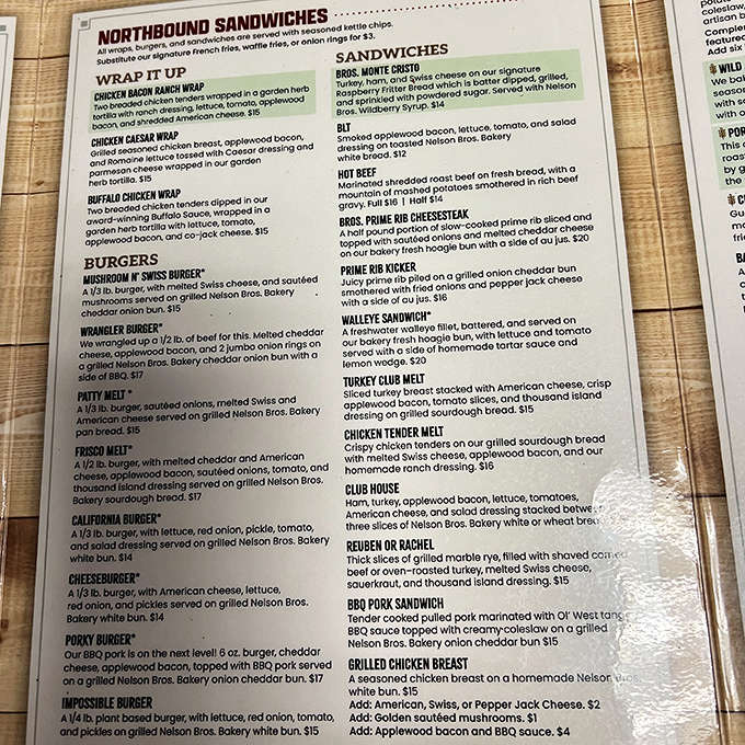This isn't just a menu, it's a roadmap to food coma bliss. The "Northbound Sandwiches" section alone could feed a small lumberjack camp.