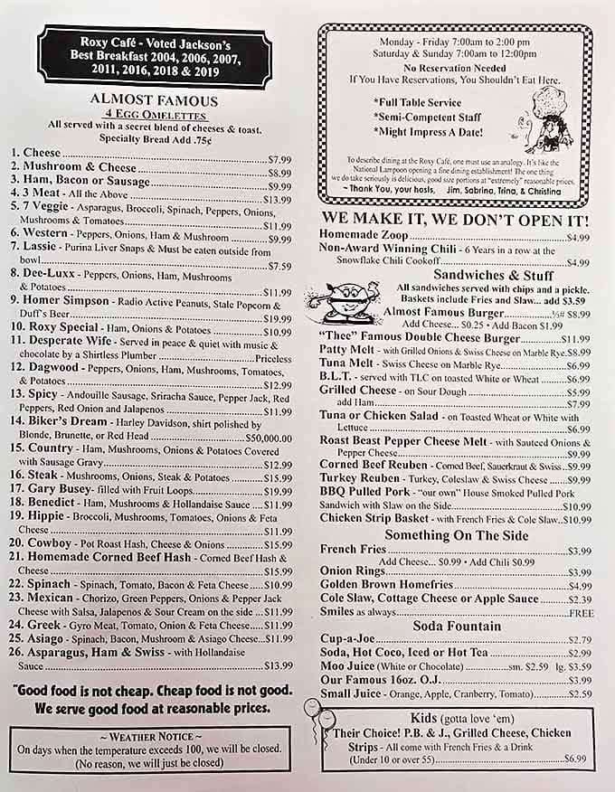 This menu isn't just a list of food &ndash; it's a roadmap to breakfast nirvana with clever warnings about reservations and cheap food.
