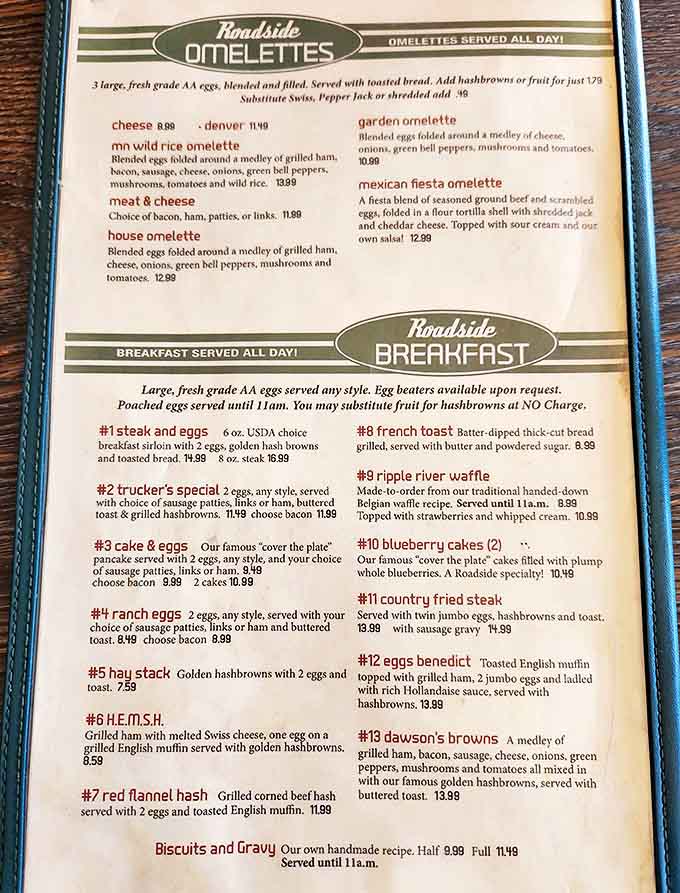 The legendary menu showcases breakfast classics with a Midwestern twist&mdash;just look at those omelet options that could feed a lumberjack!