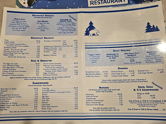 The menu tells the delicious story &ndash; breakfast specialties that have kept locals coming back for generations, from eye-openers to pancake perfection.