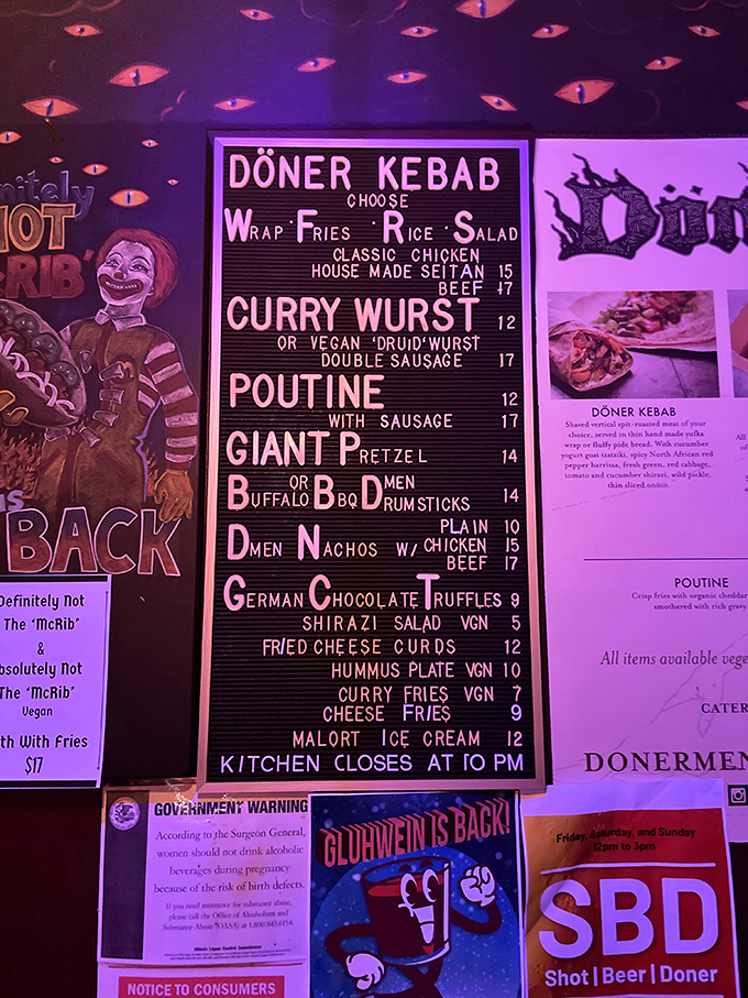 Eyes watching from above as you order &ndash; the menu board offers mythical feasts under the gaze of otherworldly observers.