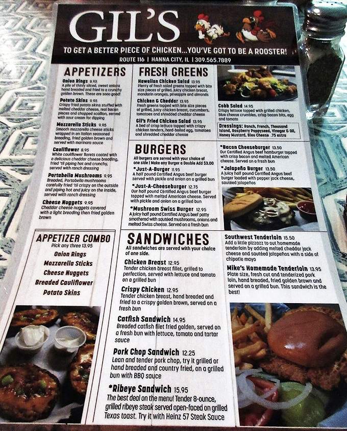Gil's menu reads like a love letter to Midwest comfort food, with that famous chicken tagline that locals quote like scripture.