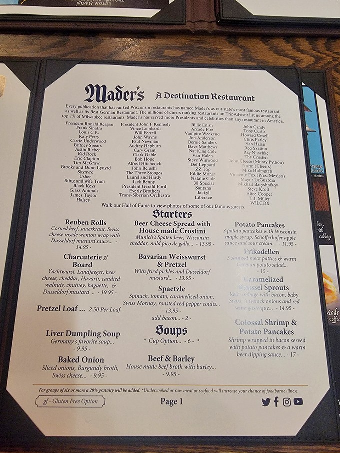 The menu wall of fame showcases Mader's impressive guest list, from presidents to celebrities, all drawn by authentic German cuisine.