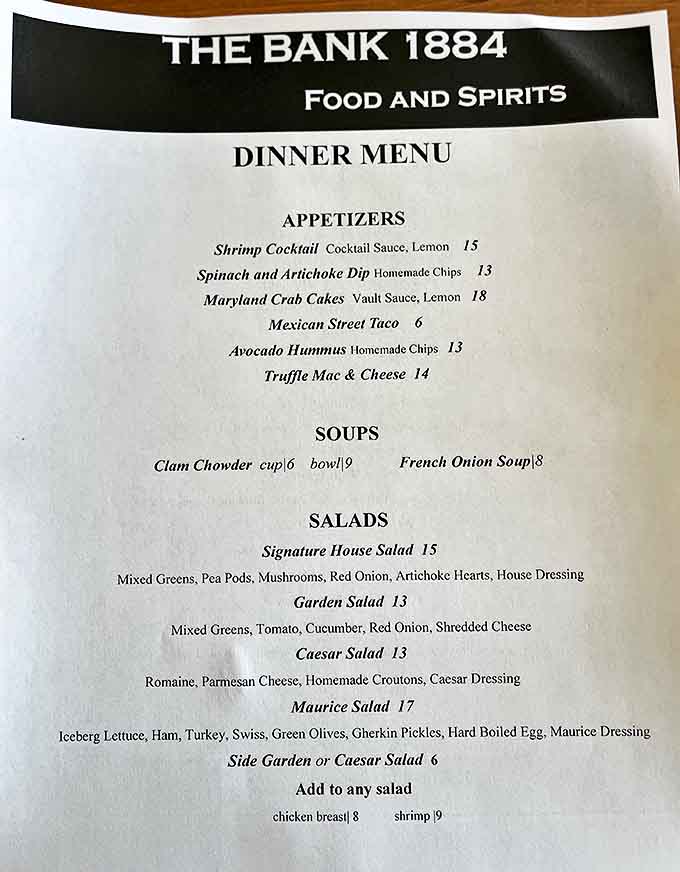 The menu tempts with comfort classics and seafood specialties, each dish honoring both culinary tradition and the building's historic roots.